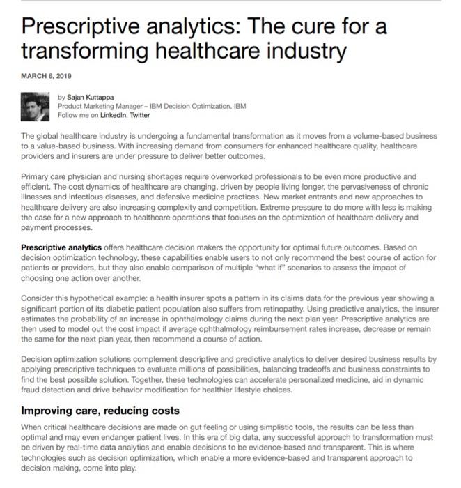 Solved As the article describes, the prescriptive analytics | Chegg.com