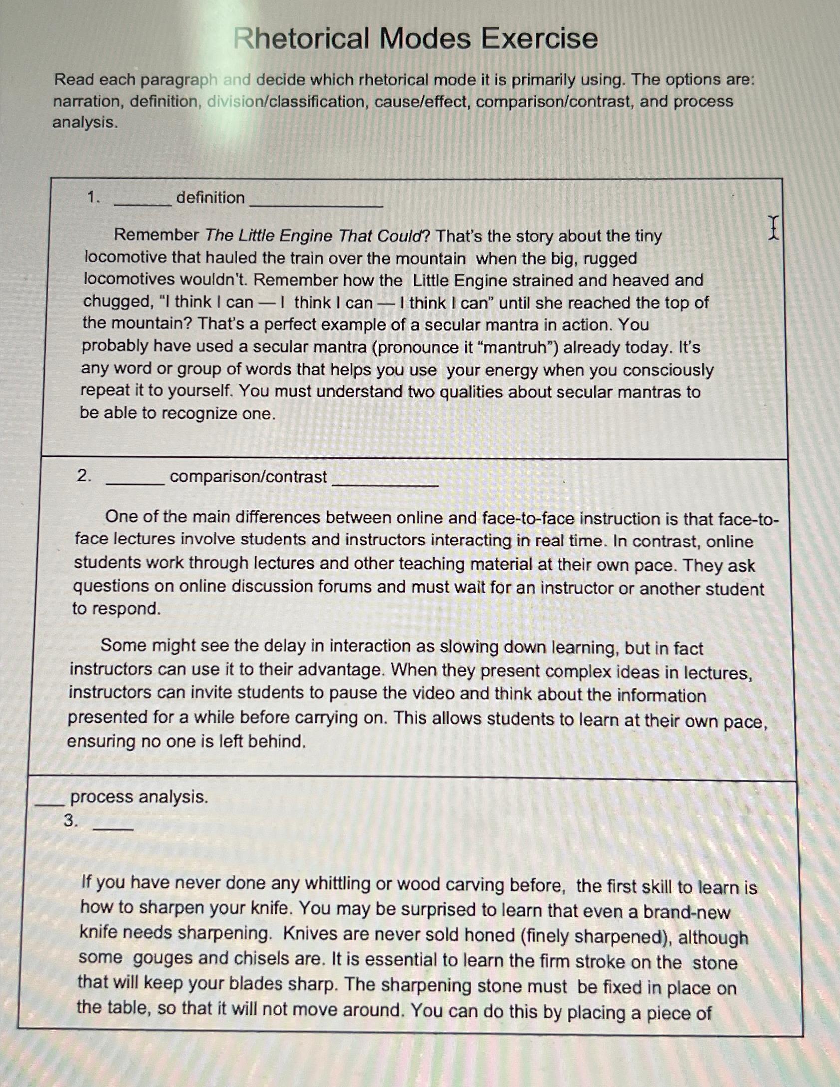 Solved Rhetorical Modes ExerciseRead each paragraph and | Chegg.com