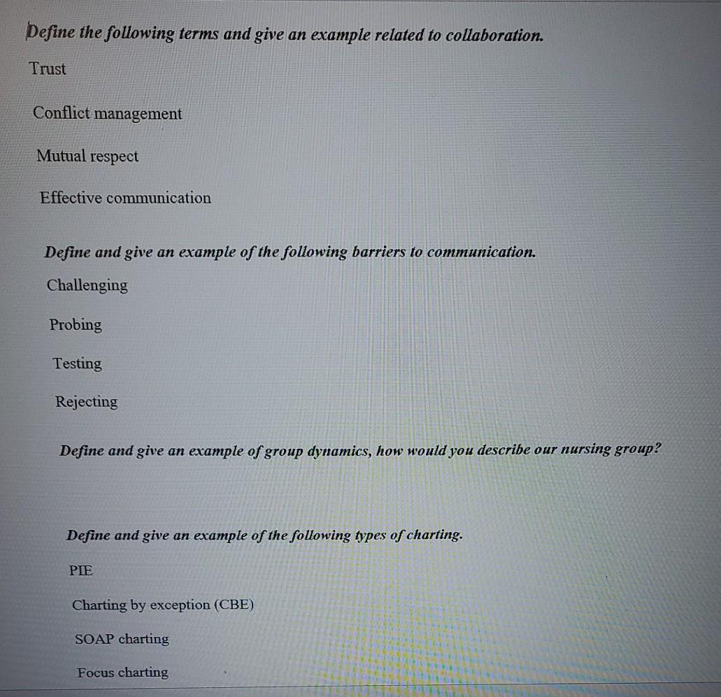 Solved Define the following terms and give an example | Chegg.com
