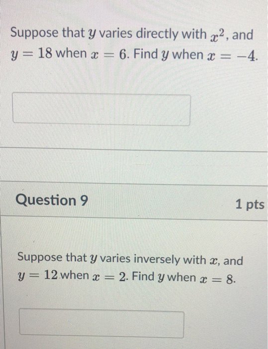 Solved Suppose that y varies directly with x2, and y = 18 | Chegg.com Solved Suppose that y varies directly with x2, and y = 18 | Chegg.com