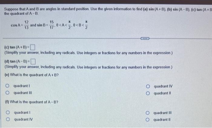 Solved Suppose that A and B are angles in standard position. | Chegg.com