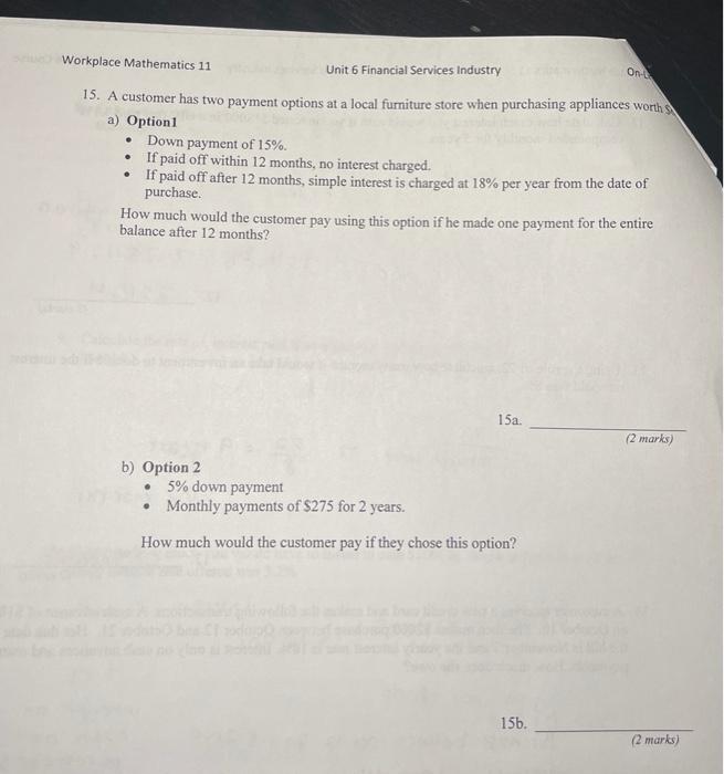 Solved On- Workplace Mathematics 11 Unit 6 Financial | Chegg.com