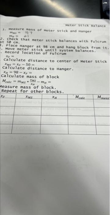 Meter Stick Balance 1. Measure mass of Meter stick | Chegg.com