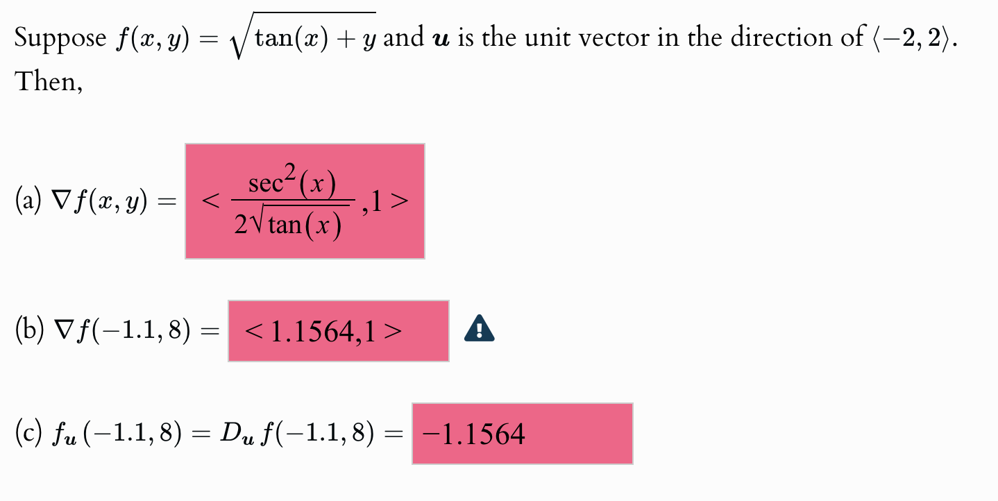Solved Suppose f(x,y)=tan(x)+y2 ﻿and u is ﻿the unit vector | Chegg.com