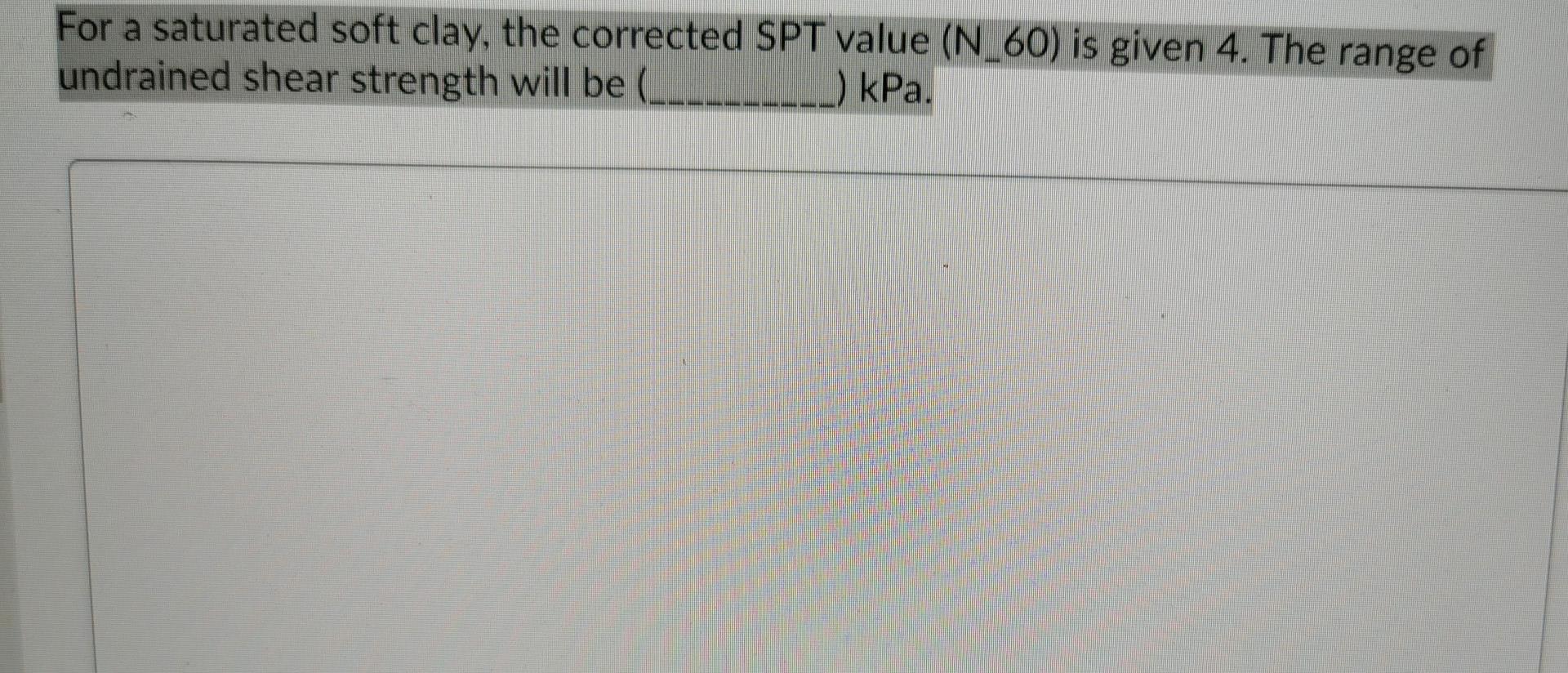 Solved For a saturated soft clay, the corrected SPT value | Chegg.com