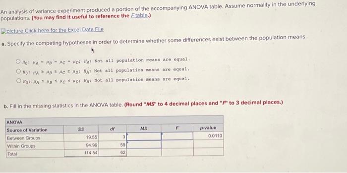 Solved An analysis of variance experiment produced a portion | Chegg.com