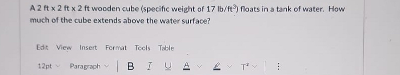 Solved A 2ft×2ft×2ft ﻿wooden cube (specific weight of | Chegg.com