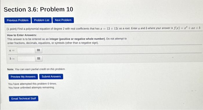 Solved (1 poini) Find a polynomial equation of degree 2 with | Chegg.com