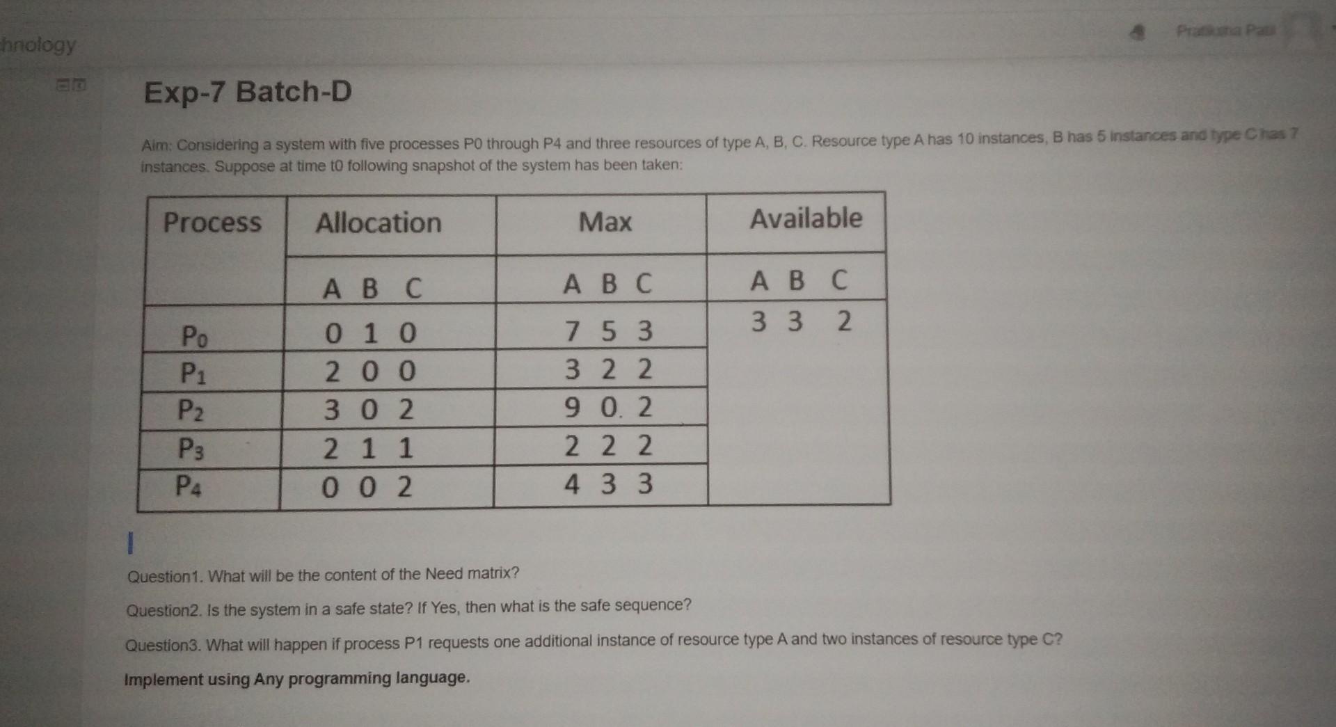 Solved Aim: Considering a system with five processes PO | Chegg.com