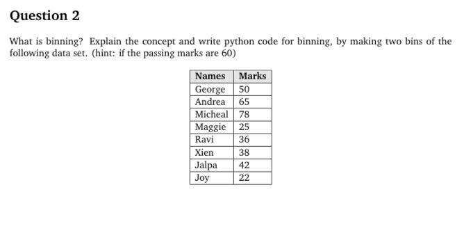 Solved Question 2 What is binning? Explain the concept and | Chegg.com