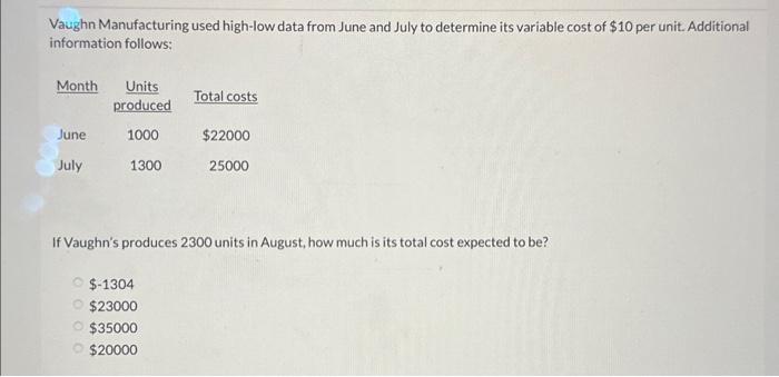 Solved Vaughn Manufacturing used high-low data from June and | Chegg.com