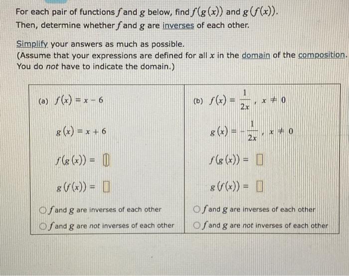 Solved For each pair of functions f and g below, find | Chegg.com