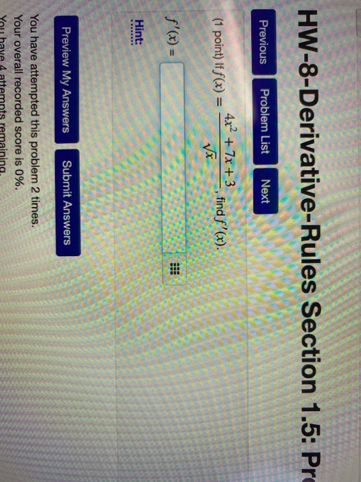 Solved HW-8-Derivative-Rules Section 1.5: Pre Previous | Chegg.com