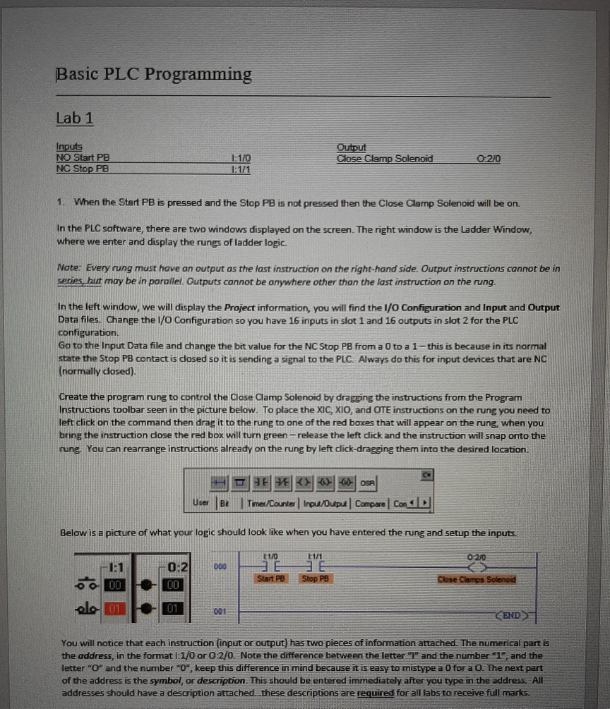 Basic PLC Programming Lab 1 Inputs NO Start PB NC | Chegg.com