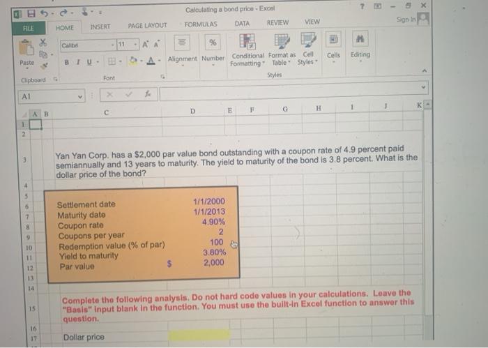 Solved Calculating a bond price - Excel 7 0 Sign in REVIEW | Chegg.com