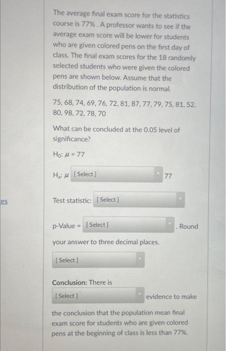 Solved The average final exam score for the statistics | Chegg.com