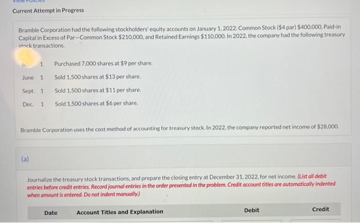 Solved Bramble Corporation had the following stockholders' | Chegg.com