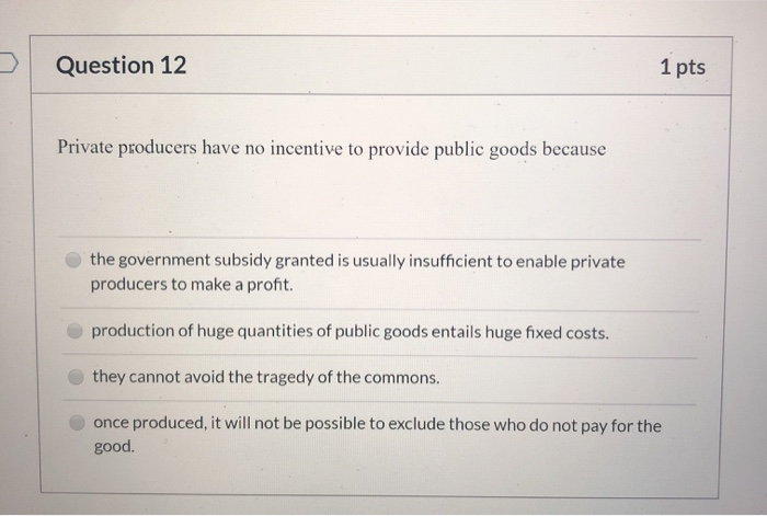 Solved Question 12 1 pts Private producers have no incentive | Chegg.com