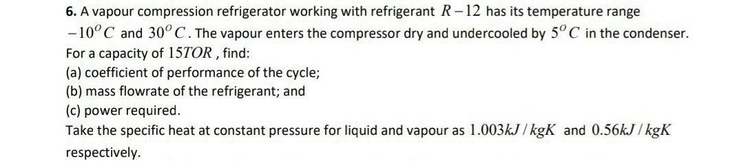 Solved 6. A vapour compression refrigerator working with | Chegg.com