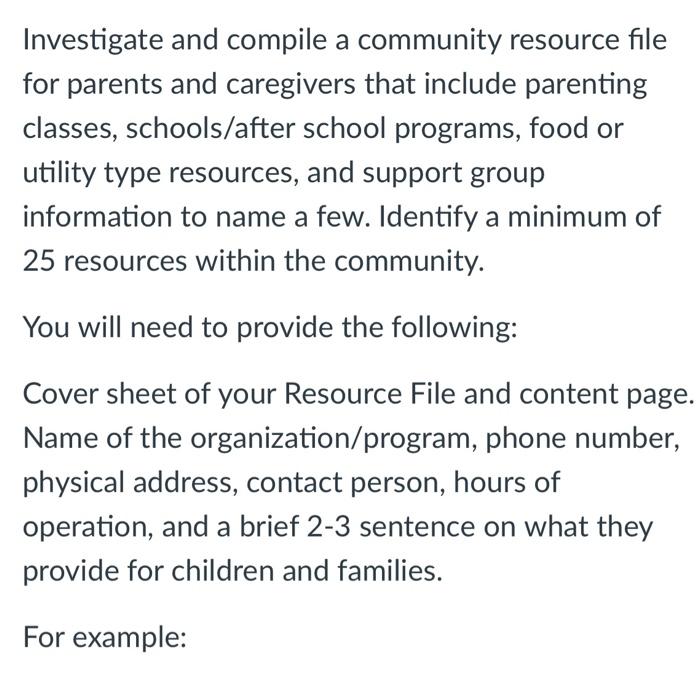 Investigate and compile a community resource file for | Chegg.com