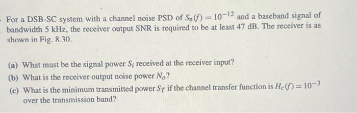 Solved For a DSB-SC system with a channel noise PSD of | Chegg.com