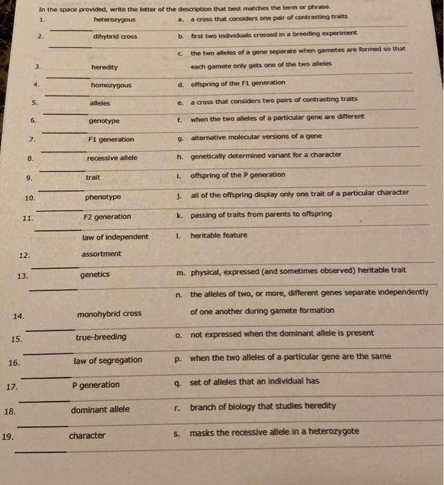 Solved In the space provided, write the letter of the | Chegg.com