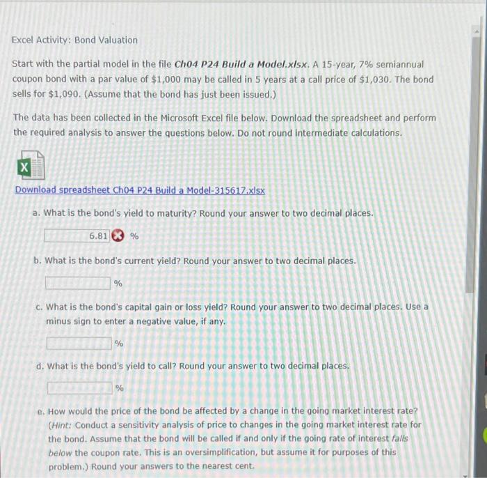 Excel Activity: Bond Valuation Start with the partial | Chegg.com