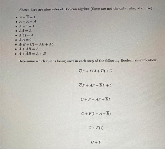 Solved Shown here are eight rules of Boolean algebra (these | Chegg.com