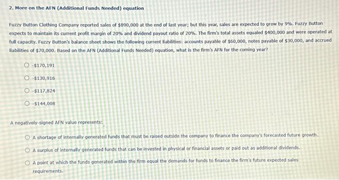 Solved 2. More on the AFN (Additional Funds Needed) equation | Chegg.com