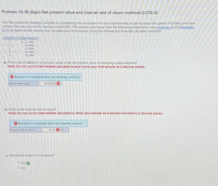 Solved Problem 12-18 (Algo) Net present volue and internal | Chegg.com