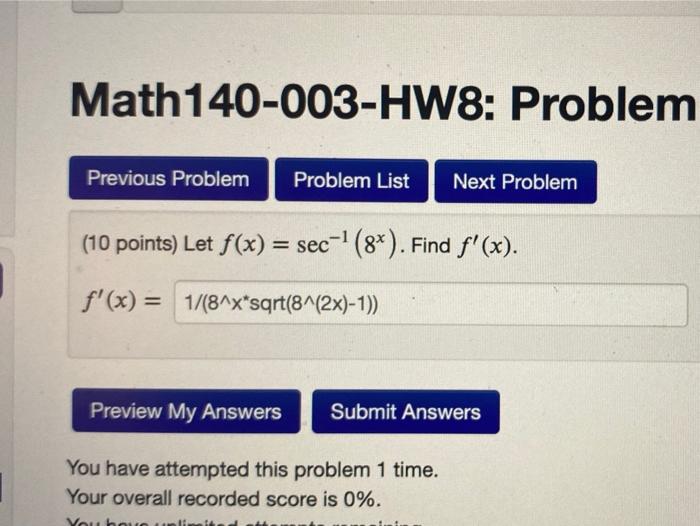 Solved Math140-003-HW8: Problem Previous Problem Problem | Chegg.com
