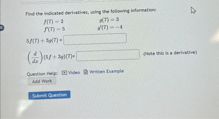 Solved Find the indicated derivatives, using the following | Chegg.com
