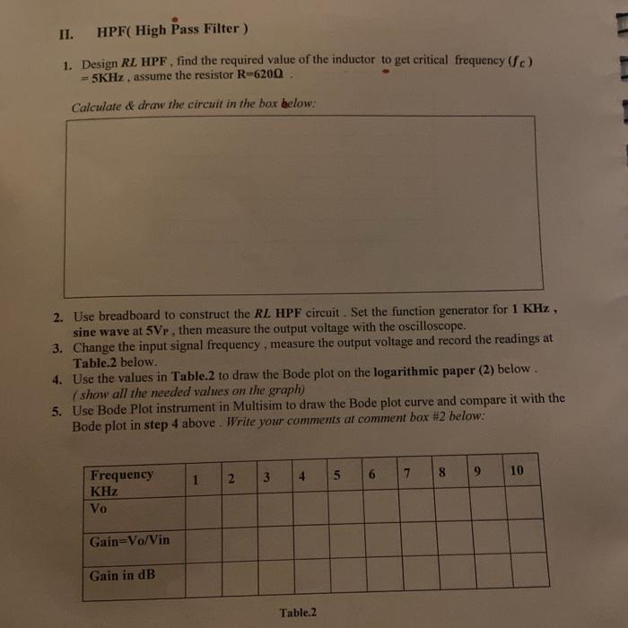 Solved II. HPF( High Pass Filter) 1. Design RL HPF.find the | Chegg.com