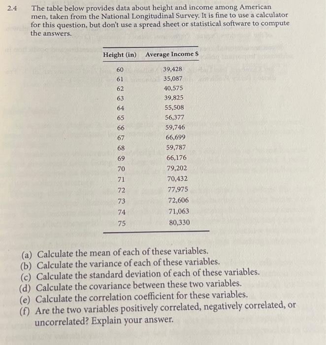 Solved 2.4 The table below provides data about height and | Chegg.com