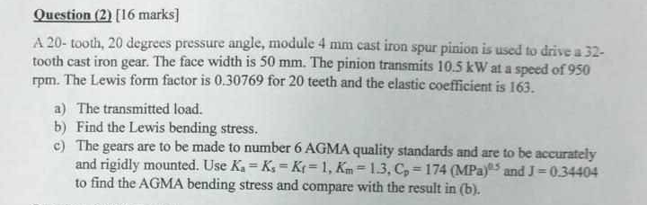 Solved Question (2) [16 ﻿marks]A 20- ﻿tooth, 20 ﻿degrees | Chegg.com