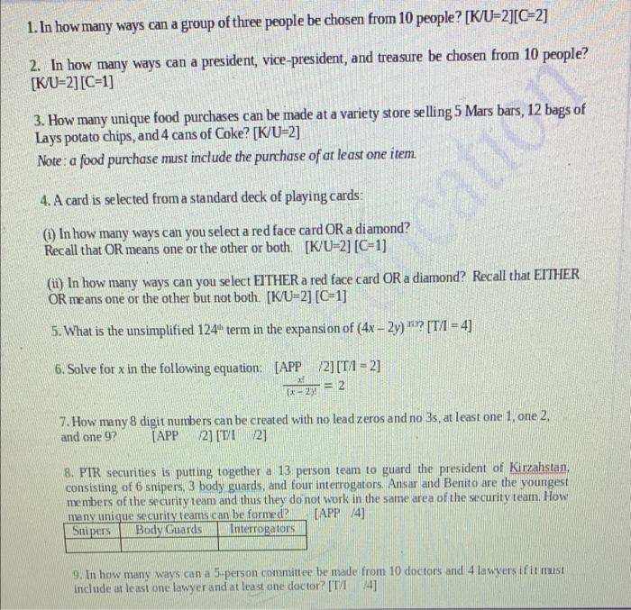 Solved 1. In how many ways can a group of three people be | Chegg.com