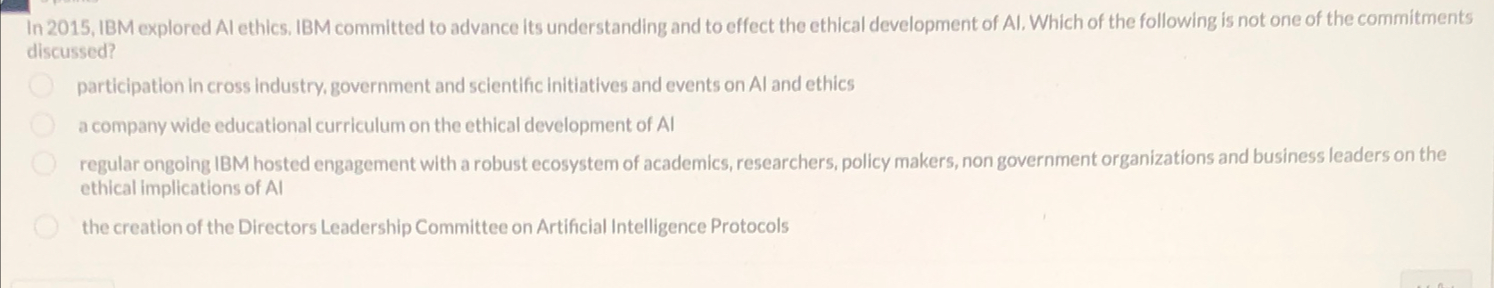 Solved In 2015, ﻿IBM explored Al ethics. IBM committed to | Chegg.com