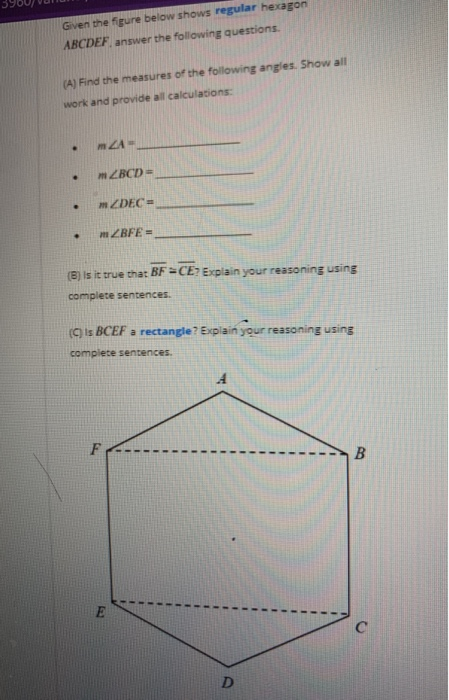 Solved Given the figure below shows regular hexagon ABCDEF | Chegg.com