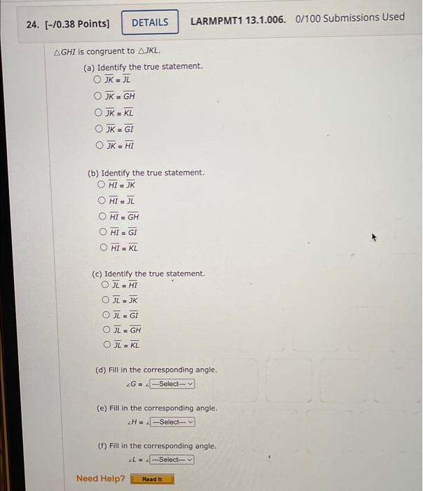 Solved GHI is congruent to JKL. (a) Identify the true | Chegg.com