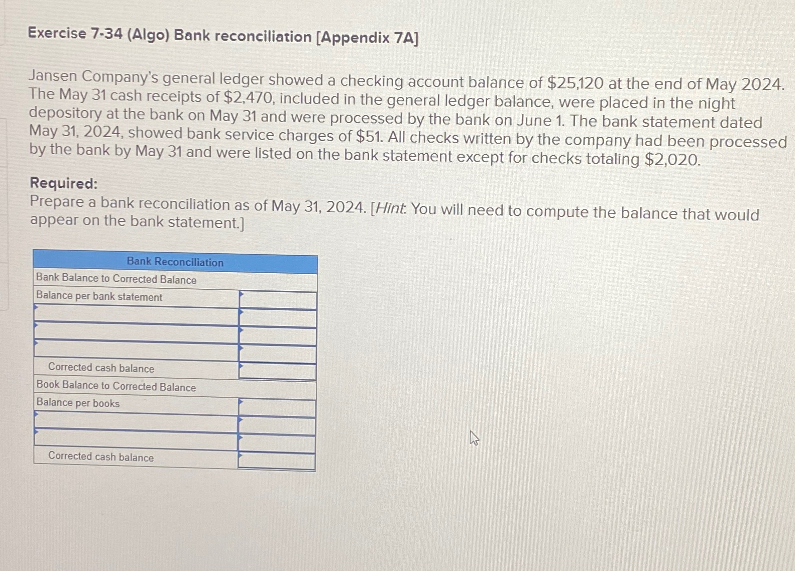 Solved Exercise 7-34 (Algo) ﻿Bank reconciliation [Appendix | Chegg.com