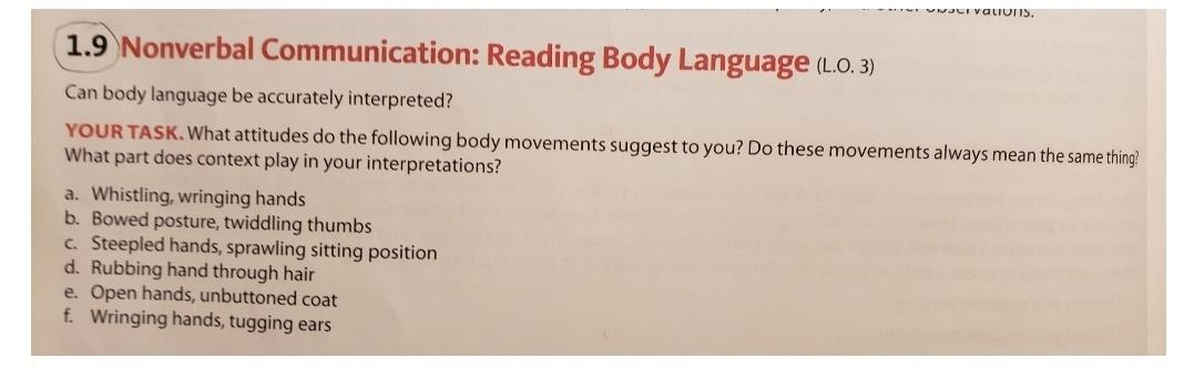 Solved 1.9 ﻿Nonverbal Communication: Reading Body Language | Chegg.com