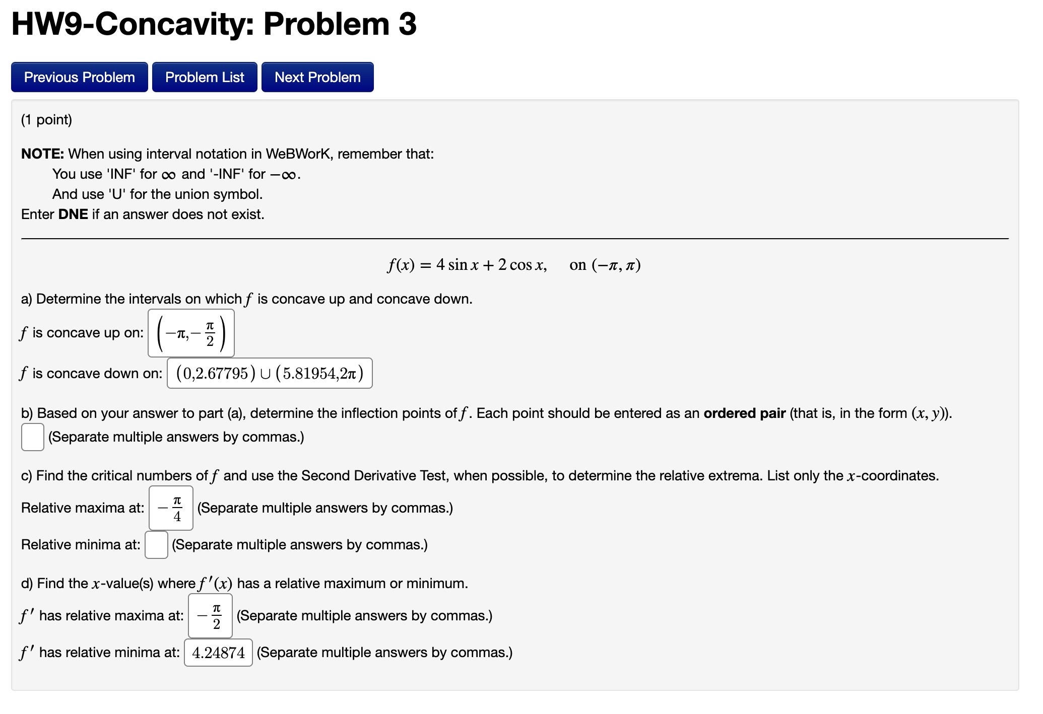 Solved 1 ﻿point F X 4sinx 2cosx On π π A ﻿determine
