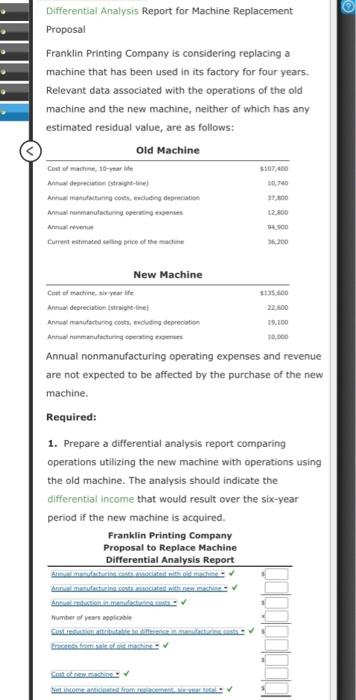 Differential Analysis Report for Machine Replacement | Chegg.com