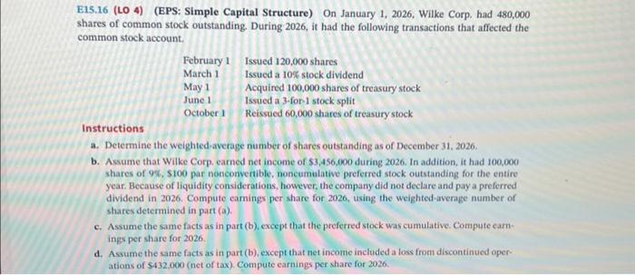 Solved E15.16 (LO 4) (EPS: Simple Capital Structure) On | Chegg.com