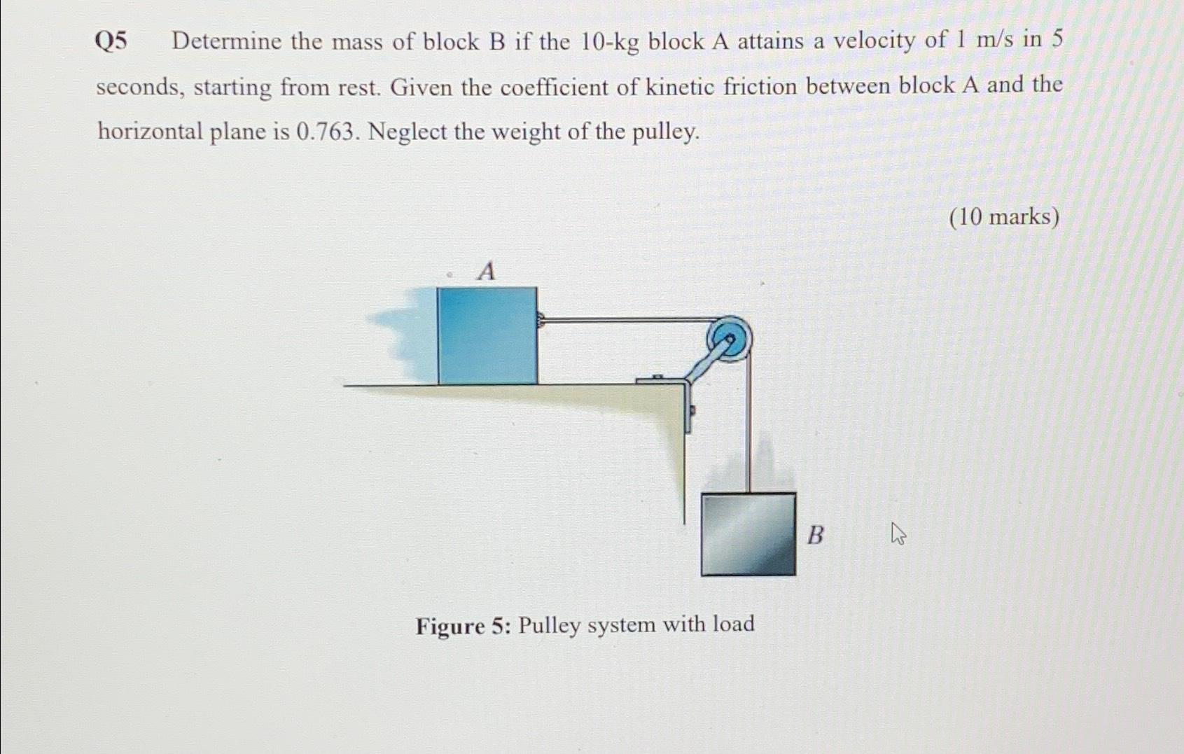 Solved Q5 ﻿Determine the mass of block B if the 10-kg ﻿block | Chegg.com