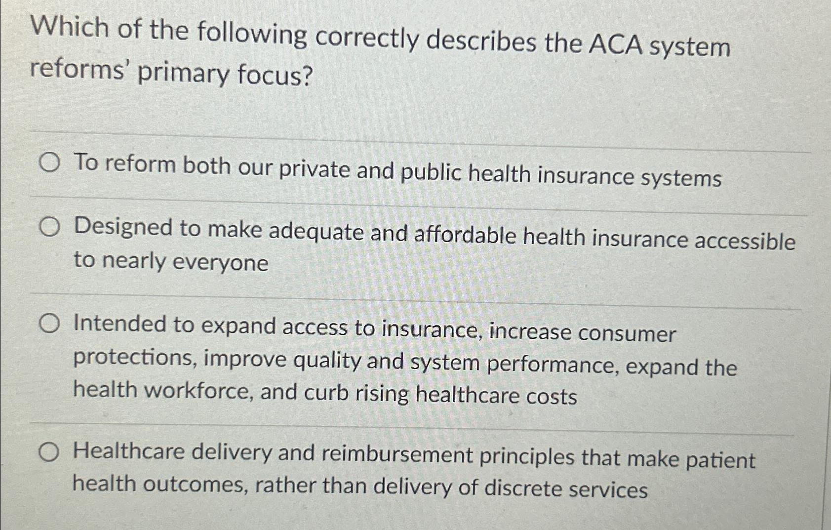 Solved Which of the following correctly describes the ACA | Chegg.com