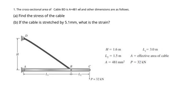 Solved 1. The cross-sectional area of Cable BD is A=481 mň | Chegg.com