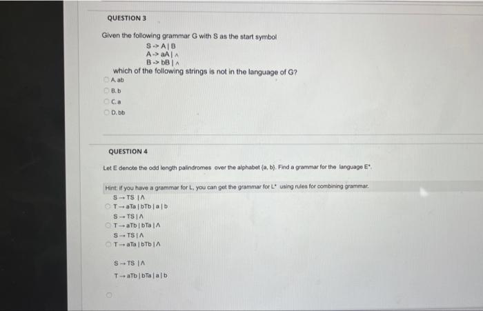 Solved Given the following grammar G with S as the start | Chegg.com