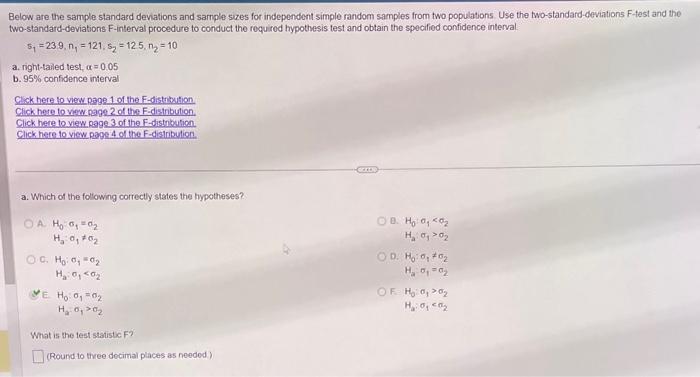 Solved Below are the sample slandard deviations and sample | Chegg.com