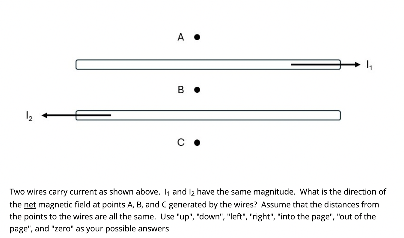 Solved Two wires carry current as shown above. I1 ﻿and I2 | Chegg.com